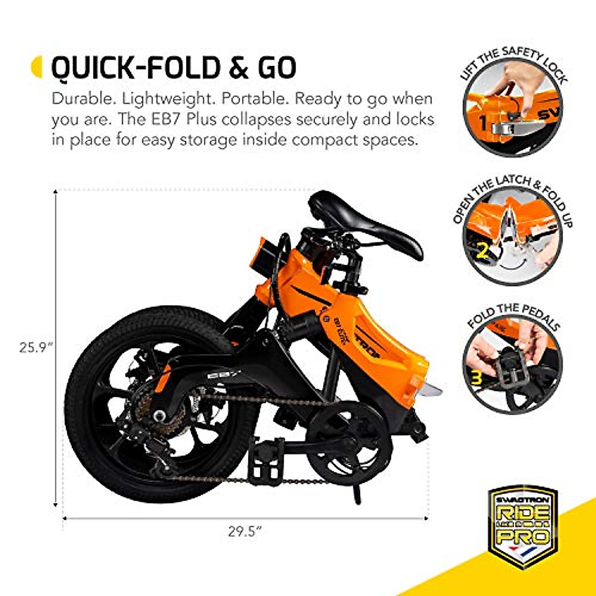 Swagtron Swagcycle EB-7 Elite Plus Folding Electric Bike with Removable Battery, Orange/Black, 16" Wheels, 7-Speed