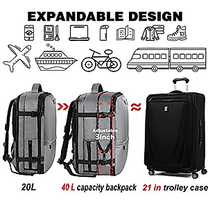 Carry on Travel Backpack, 40L-50L Airplane Flight Approved Backpack for Women Men, Extra Large Expandable Water Resistant Luggage Backpack Daypack Perfect Fit for 17 17.3 18 18.4 Inch Laptop, Grey