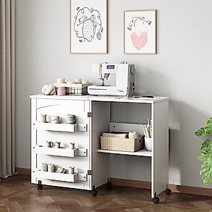ANNECOSK Folding Sewing Table, Sewing Machine Craft Table with Storage Cabinet Shelves, Lockable Wheels, Adjustable Portable Rolling Sewing Desk for Apartment Small Spaces, White