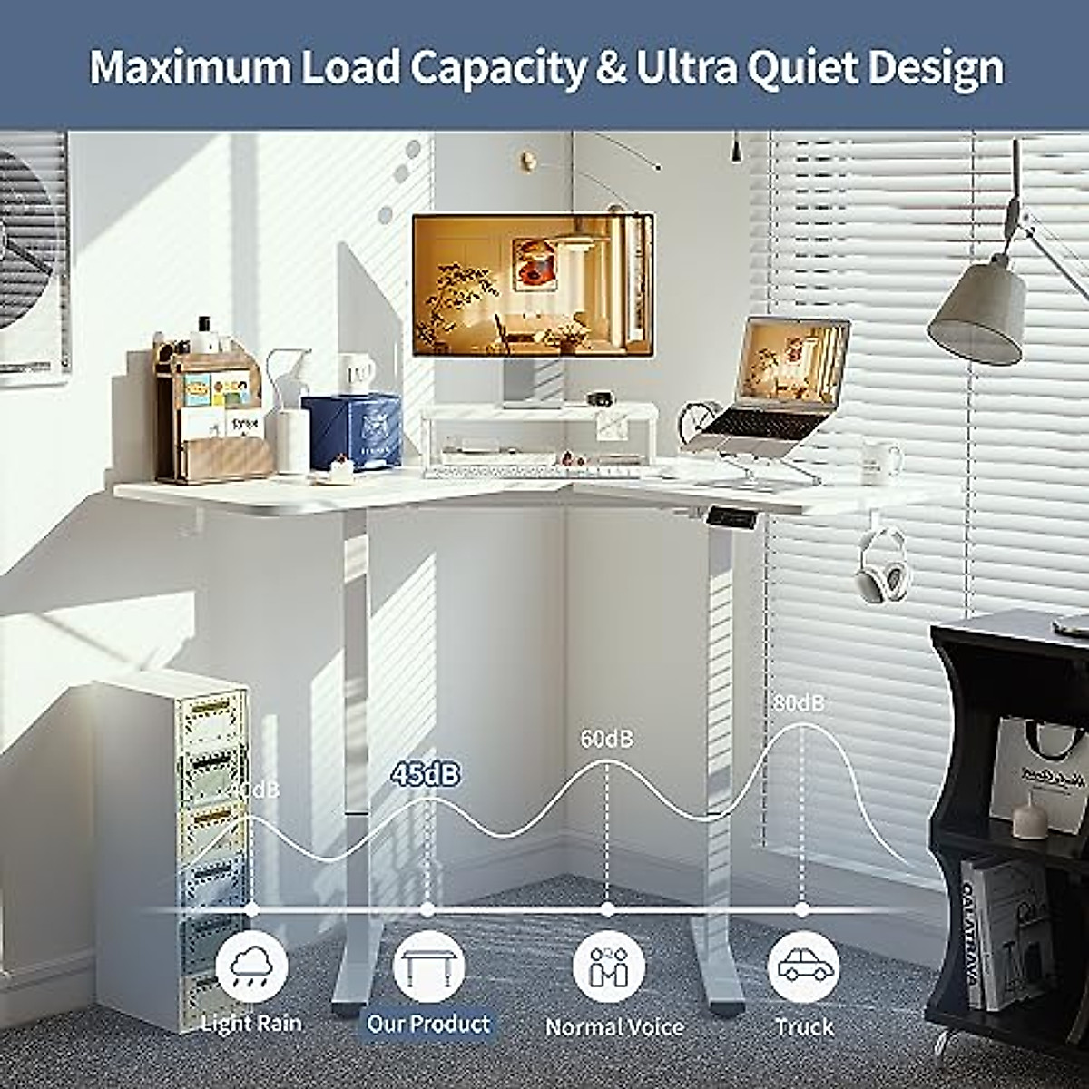 BANTI L-Shaped Electric Standing Desk, 48 Inch Adjustable Height Stand Up Desk with Monitor Stand, Sit Stand Home Office Desk with White Top