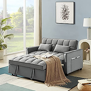 3 in 1 Convertible Sleeper Sofa Bed, Modern Velvet Loveseat Futon Couch w/Pullout Bed, Small Love Seat Lounge Sofa w/Reclining Backrest, Toss Pillows, Pockets, Furniture for Living Room, Grey
