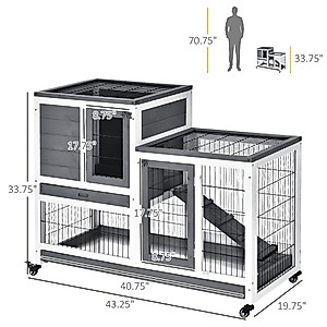 PawHut Wooden Rabbit Hutch Elevated Bunny Cage Indoor Small Animal Habitat with Enclosed Run with Wheels, Ramp, Removable Tray Ideal for Guinea Pigs, Grey