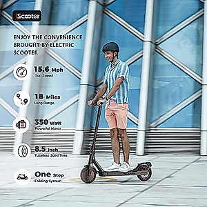 iScooter Electric Scooter, 18Miles Travel Range, 15.6 Mph Top Speed, 350W Scooter Electric with 8.5 Inch Solid Tire, Smart APP, Double Braking Systems for Kids, Teenage and Adults - i9