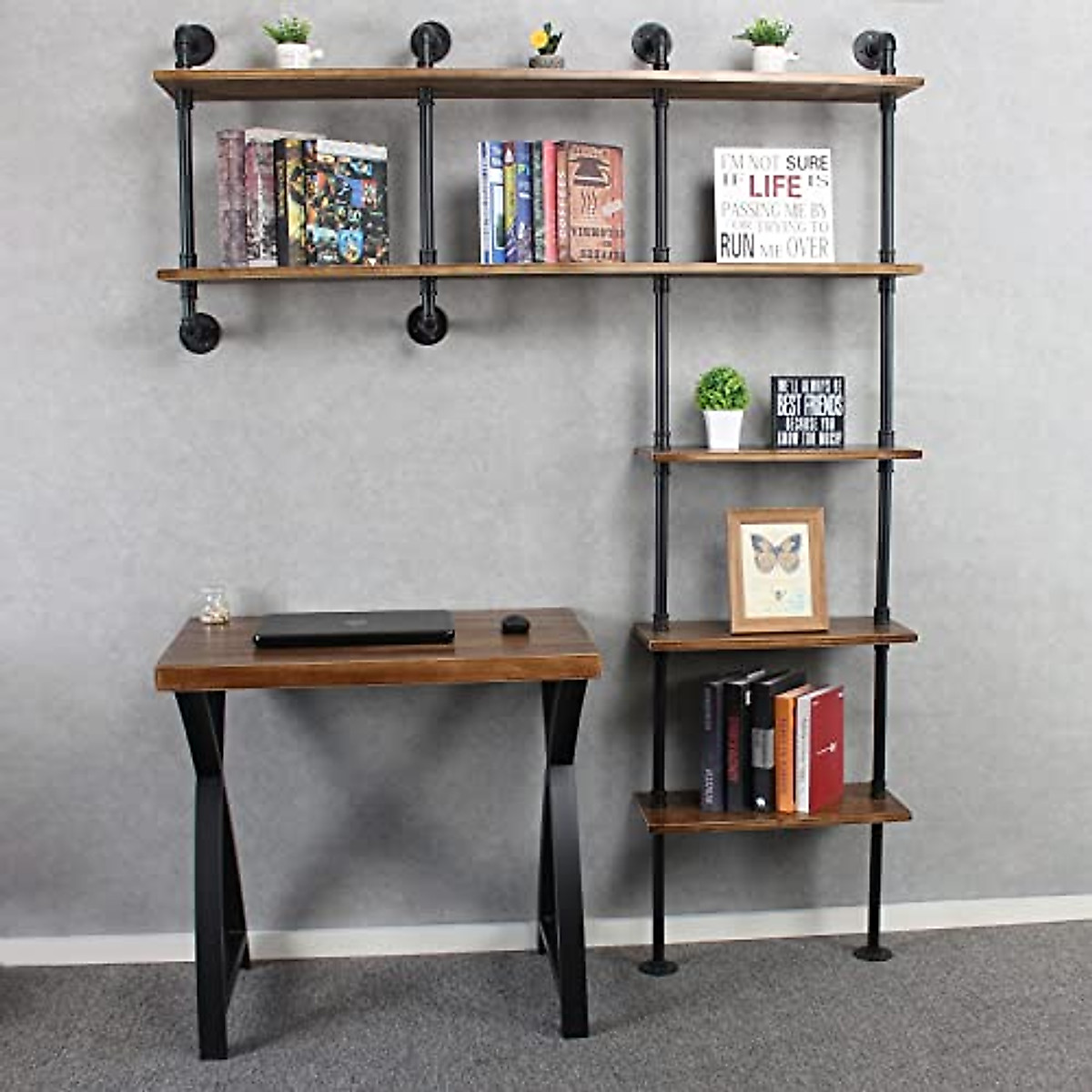 MBQQ 5-Tiers Industrial Pipe Shelving,59inch Rustic Wooden&Metal Floating Shelves,Home Decor Shelves Wall Mount,Real Wood Book Shelves,Wall Shelf Unit Bookshelf,Wall Shelf for Office Organizer,Brown
