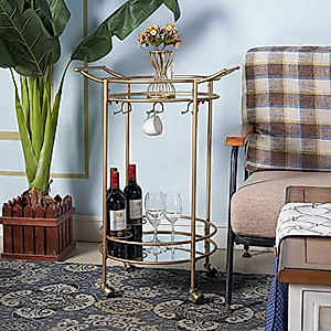 Round Gold Rolling Bar Cart with 2 Mirror Shelves, Wine Rack and Lockable Casters, Suitable for Home Kitchen, Club, Living Room, Thanksgiving, Christmas, New Year, 22"X18"X33"