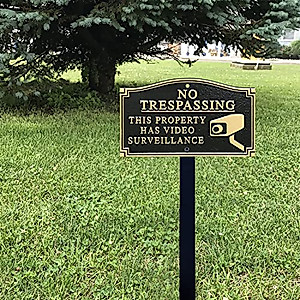 SmartSign 5.75 x 9.5 inch “No Trespassing - This Property Has Video Surveillance” GardenBoss Statement Plaque with 18 inch Lawn Stake, 375 mil Rustproof Aluminum, Black and Gold, Set of 1