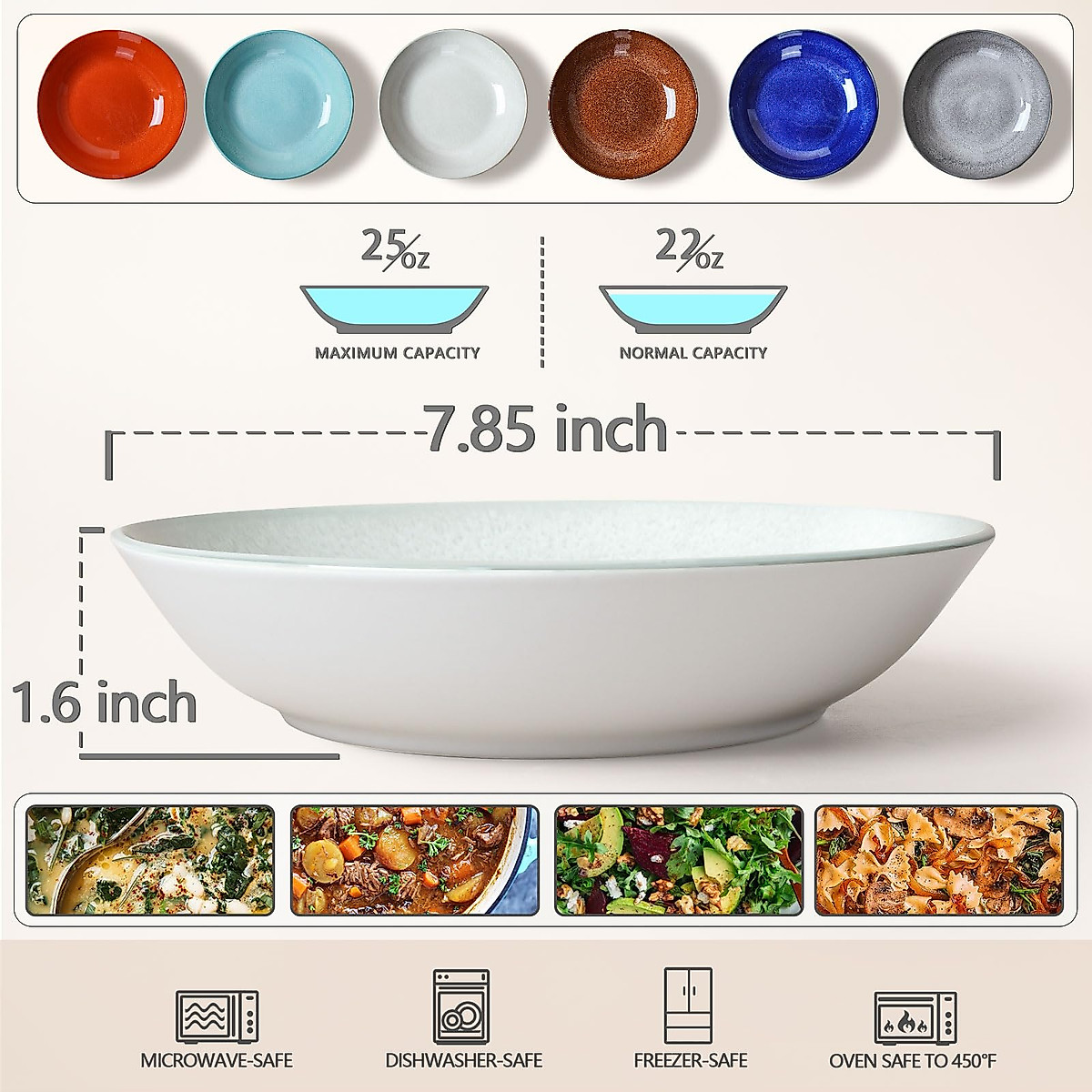 Wareland Pasta Bowls Set of 6, 25 Ounce Ceramic Salad Bowls, 7.85 Inch Dinner Plates, Serving Bowls for Party, Plates and Bowls Sets, Shallow Soup Bowls, Microwave Dishwasher Safe, Multicolored