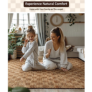 SUMGAR Neutral 100% Jute Rug 8x10 Ft Hand Woven Boho Area Rug Fiber Braided Checkered Large Carpet Home Decor for Living Room Bedroom Dining Room