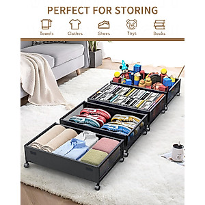 WOMRICH Under Bed Storage Containers with Wheels, Under Bed Shoe Storage, Under the Bed Storage Drawers Bins, Extra Large Under Bed Rolling Storage Organizer for Bedroom, 2 Packs Black