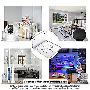 SIPRDE Acrylic Small Wall Shelf Set of 3 for Security Cameras, Speakers, Baby Monitors & More - 4'' Universal Adhesive Shelf Easy to Install No Drill, with Cable Clips (Clear)