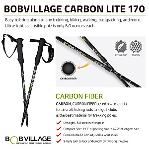 BOBVILLAGE Carbon Fiber Adjustable Trekking Poles, Premium Lightweight Collapsible Shock-Absorbent Hiking Walking Sticks for Backpacking Camping & Trail Running 47IN[Black]