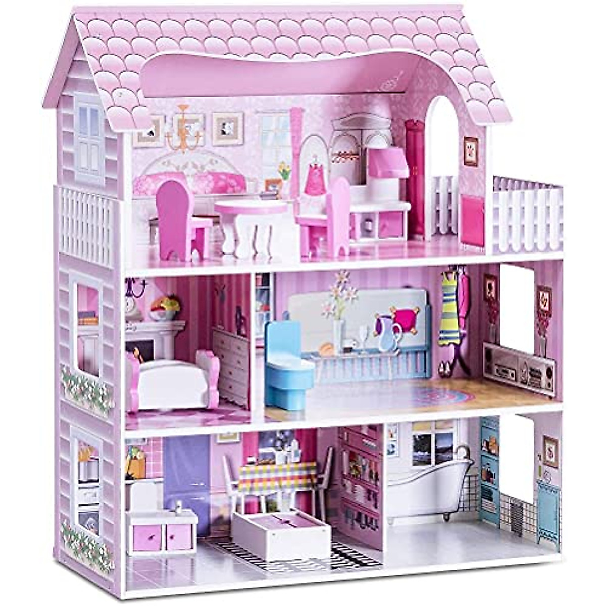 HONEY JOY Dollhouse with 8 Pcs Furniture, 3-Level Wooden Doll House, Pretend Play Kids Doll’s House, Princess Mini Toy House Furniture Playset, Gift for Little Girls (Pink, 2.5FT)