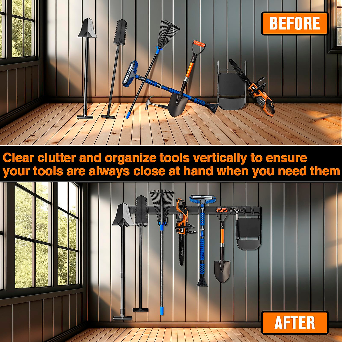 Tool Storage Rack - Garage Tool Organizer Wall Mount, 13Pcs Heavy Duty Garden Tool Organizer with 4 Rails & 9 Hooks for Garage Garden Shed Yard, 64in Adjustable Garage Storage Rack, Max Load 600 Lb