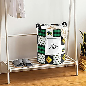 Cute Tractor Green Laundry Basket Personalized with Name Laundry Hamper with Handle Organizer Storage Bin Bedroom Decor for Boys Girls Adults