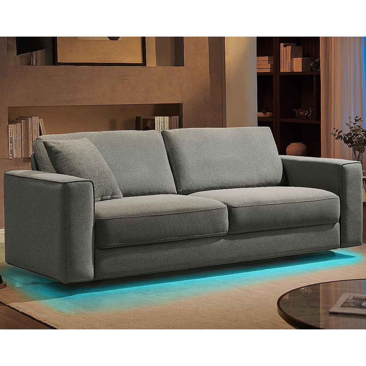 VanAcc Modern Sofa, 89 inch 3 Seater Sofa with LED Light, Floating Sofa Couch for Living Room, Linen Grey Oversized Couch