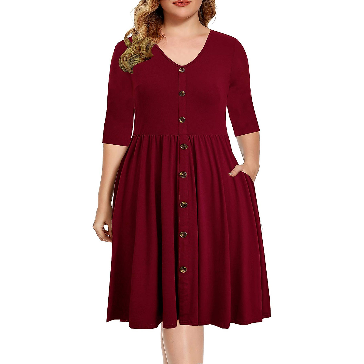 BEDOAR Plus size 3/4 Sleeve Christmas Red Dresses Button Swing Knee Length Daily Dresses(B004Burgundy, 14W)