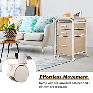 Foldable Computer Laptop Desk w/ 3 Drawers, Wheeled Laptop Desk with Metal Frame, Space Saving Folding Desk with Rolling Wheels for Home Office Small Space (Natural)