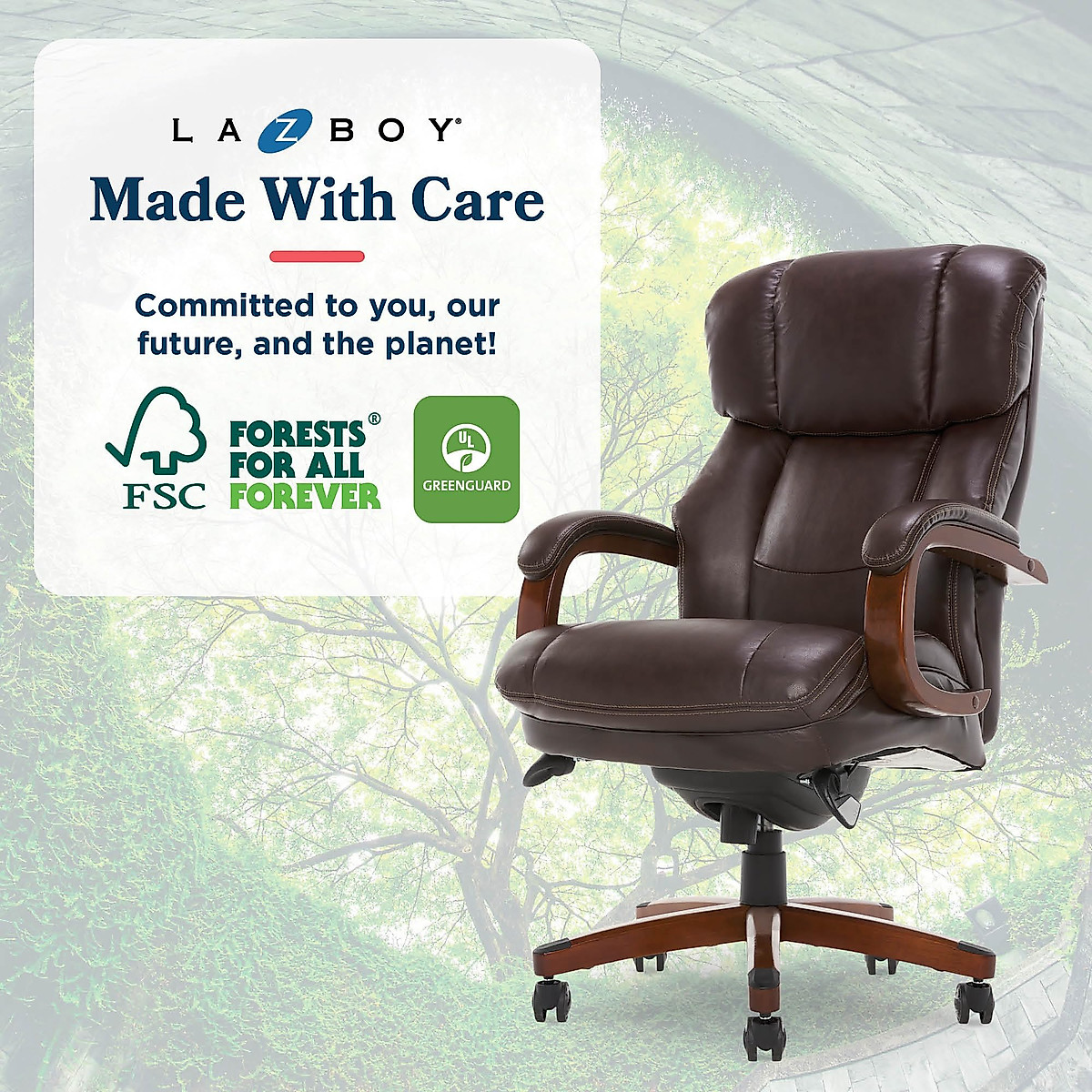 La-Z-Boy Fairmont Big and Tall Executive Office Chair with Memory Foam Cushions, High-Back with Solid Wood Arms and Base, Bonded Leather, Big & Tall, Biscuit Brown