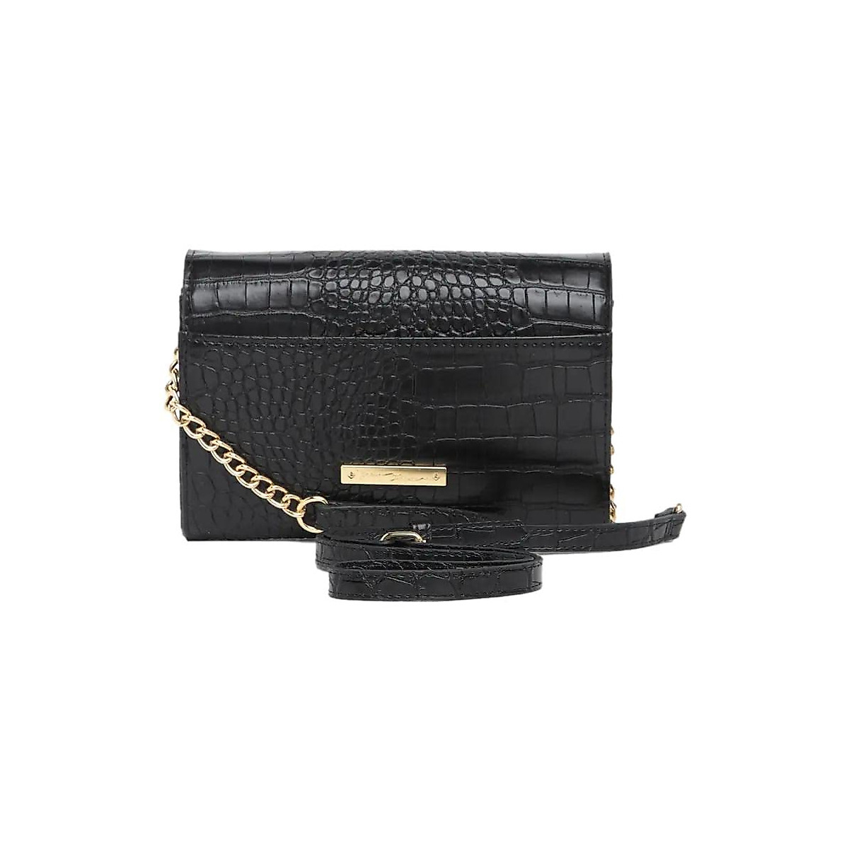 Betsey Johnson Crocodile Embossed Wallet Crossbody W/Chain Faux Pearl Crystal Rhinestone Gold Tone Heart Detail Handbag