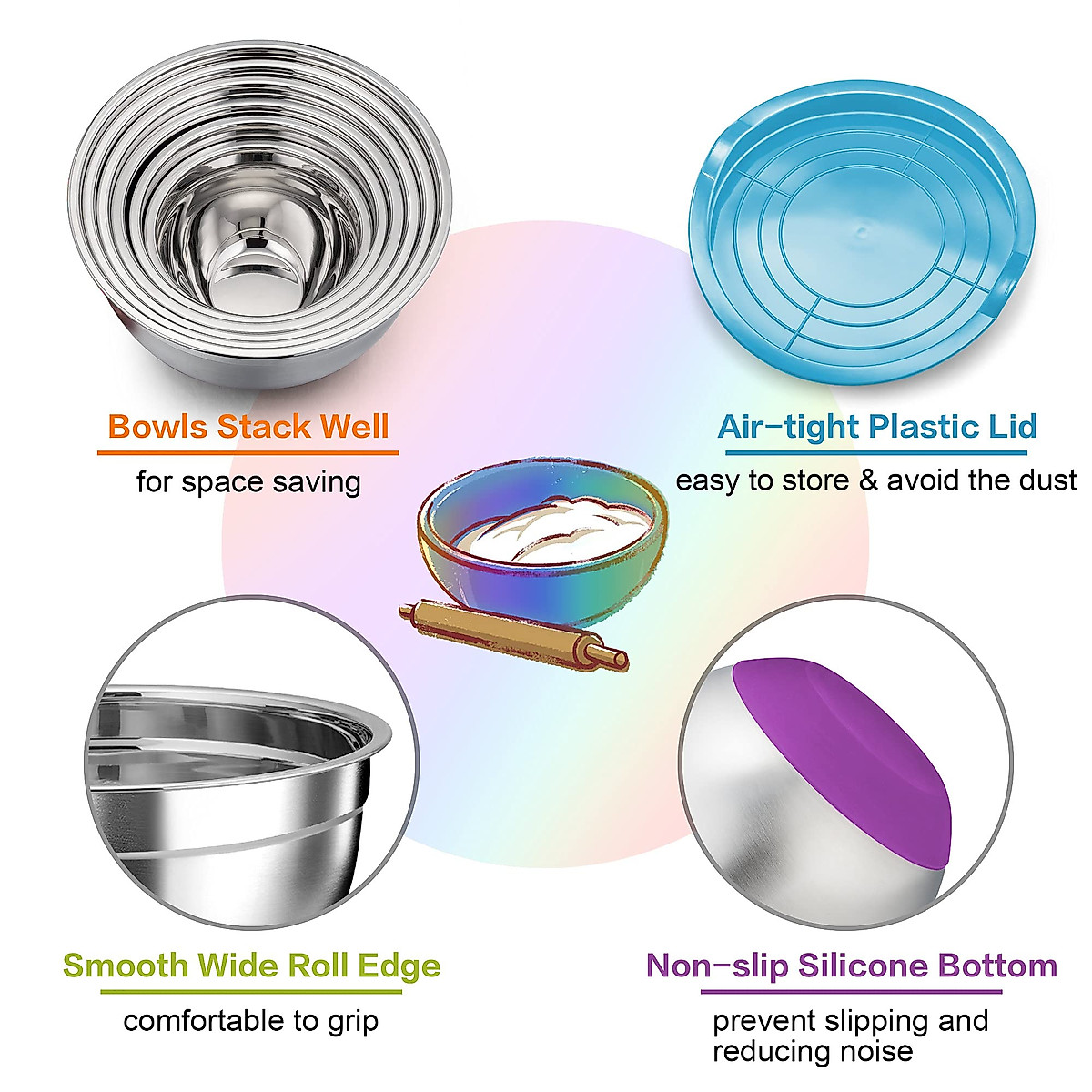 TeamFar Mixing Bowls, Stainless Steel Mixing Bowls with Lids, Nesting Salad Bowls with Air-tight Lids & Non-slip Bottom, Dishwasher Safe & Stackable, Set of 6-4.6/2.6/2 / 1.5/1 / 0.7 Qt