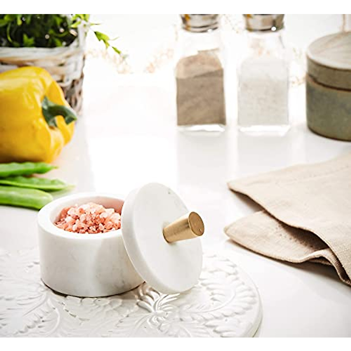 Queenza White Marble Salt Cellar with Lid and Brass Knob, 3 Inch Salt Box
