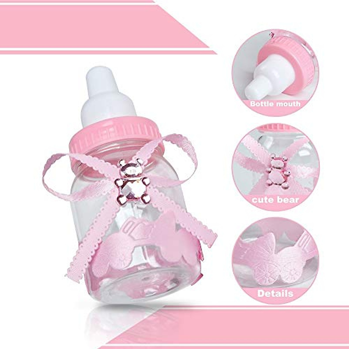 MACTING 2 Dozens 3.5 Inch Feeding Bottle Candy Box with 5 Pcs Artificial Flower Rose for Baby Shower Favor Gift Decoration (Pink)