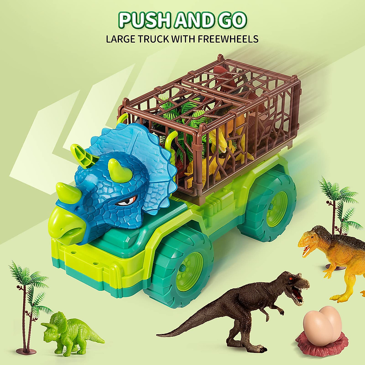 TEMI Dinosaur Truck Toy for Kids 3-5 Years, Triceratops Transport Car Carrier with 8 Dino Figures, Activity Play Mat, Dino Eggs and Trees, Capture Jurassic Dinosaurs Play Set for Boys and Girls