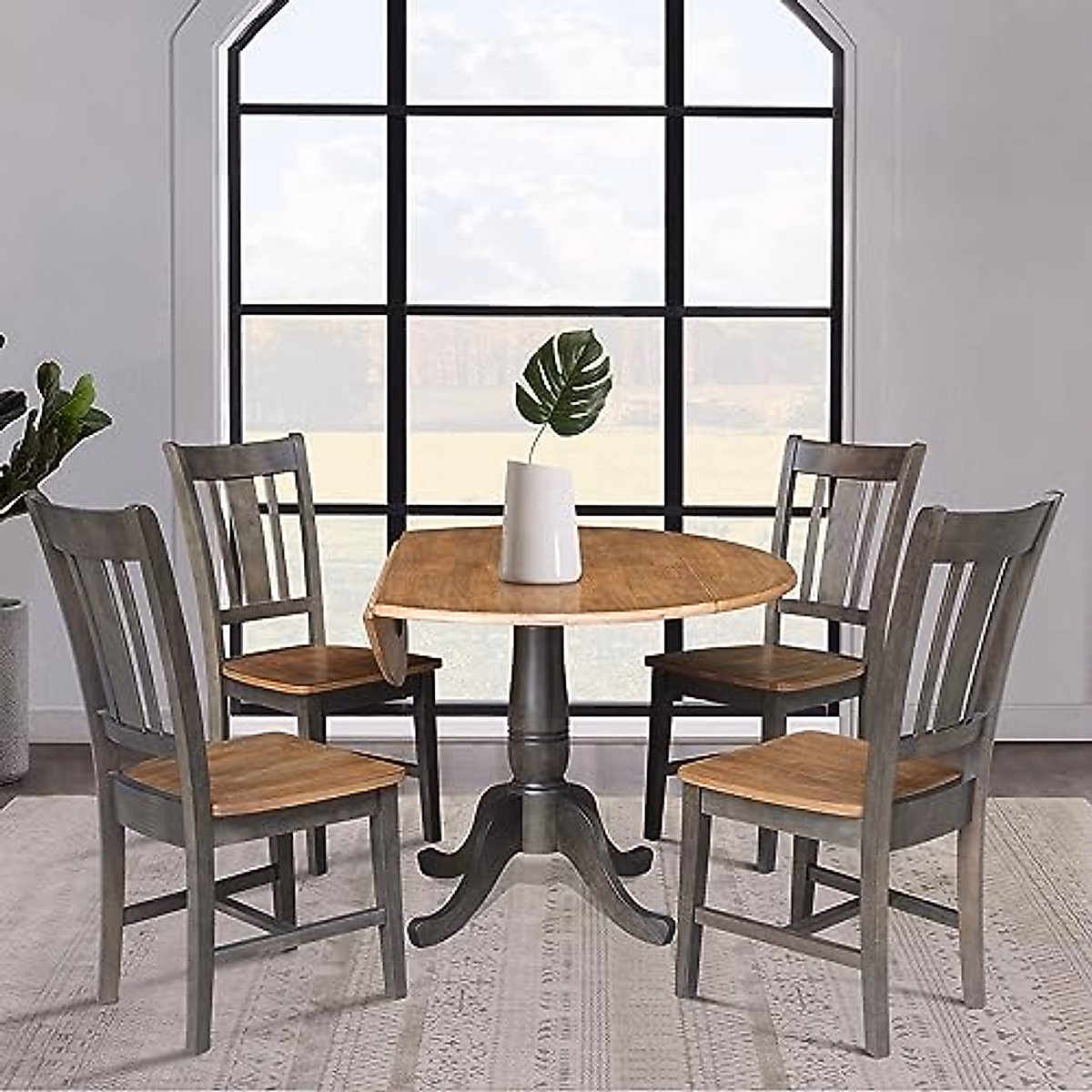 IC International Concepts 42-Inch Round Drop Leaf Dining Table Set with 4 Chairs, Ideal for Small Spaces and Dining Rooms - Hickory/Washed Coal Finish