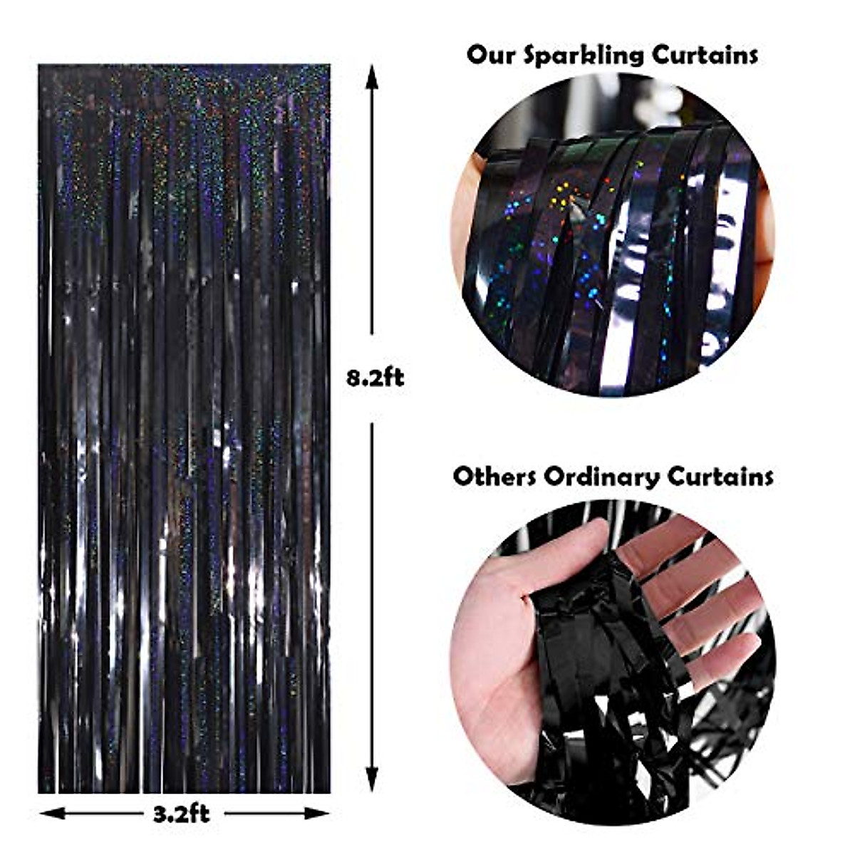 Melsan 2 Pack 3.2 ft x 8.2 ft Tinsel Foil Fringe Curtains Backdrop, Sparkle Metallic Foil Curtains for Party Photo Booth Props Decoration (Black)