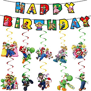 Mario Birthday Party Decorations, Happy Birthday Banner with Hanging Swirls Ceiling Streamers Decorations for Kids Mario Party Supplies