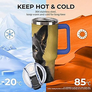 40 Oz Vacuum Tumbler with Deep Blue Handle Leakproof Insulated Tumbler Black German Shepherd Dog Stainless Steel Travel Mug with Lid And Straw Coffee Cup Cute Water Bottles Cup Holder Friendly