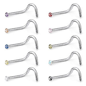 Lcolyoli Nose Rings Screw 18 Gauge Surgical Steel Nose Studs Crystal Hypoallergenic Body Piercing Jewelry 1.5MM Diamond CZ 14 Pieces Silver-tone