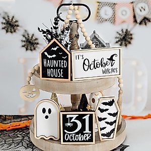 DAZONGE Halloween Decorations | 6PCS Halloween Tiered Tray Decor | Bat Coffin, Haunted House, Ghost, Witches, October 31 Sign, Bead Garland | Halloween Decor | Halloween Centerpiece for Table Shelf