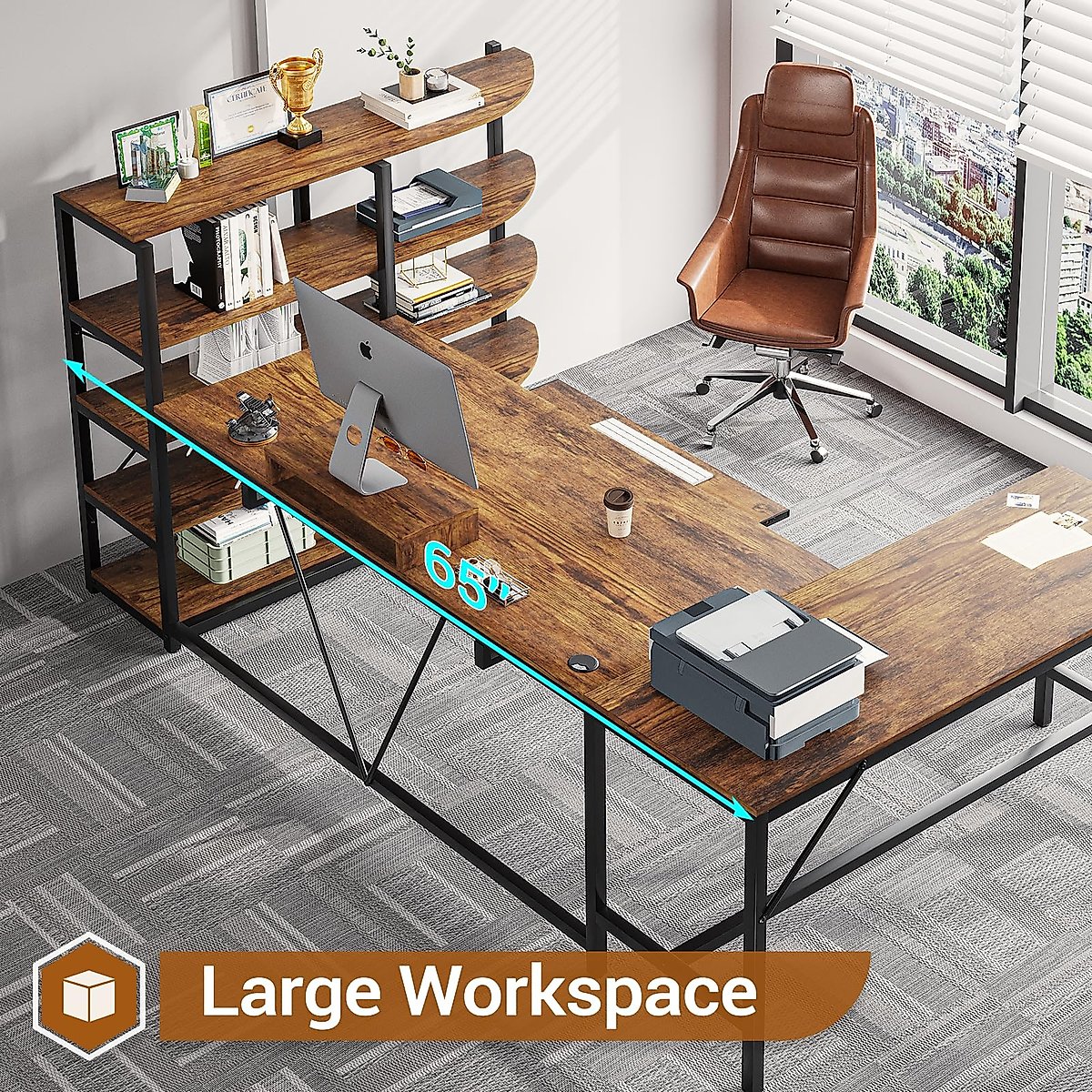 SEDETA L Shaped Computer Desk, 65'' Office Desk with Keyboard Tray & LED Light, L Shaped Desk with Storage Shelves and Monitor Stand for Home Office, L Desk, Rustic Brown