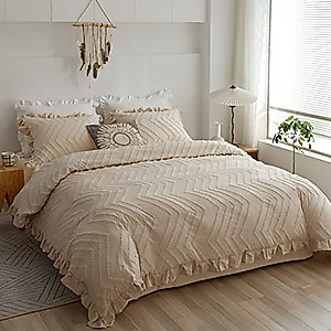 BAHALDEN Tufted Duvet Cover King Sets, Soft and Breathable Comforter Cover with Zipper Closure, Embroidery Boho Bedding with Ruffles, Cream Beige 104x90 inches and 2 Pillowcases