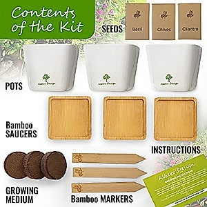 Indoor Herb Garden Kit Complete Kitchen Windowsill Herb Garden - Ceramic Pots, Wondersoil, Bamboo Saucers and Markers - Indoor Organic Herb Gardening Gifts DIY Kits for Women and Men