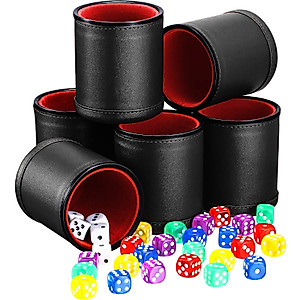6 Pieces Dice Cup PU Leather Felt Lining Quiet Shaker with 30 Dices Compatible with Craps Backgammon Game (Black)