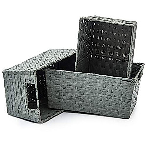 EZOWare 3pcs Weaving Storage Baskets, Multipurpose Wicker Organizer Bins Boxes with Handles for Shelf, Bathroom, Pantry, Accessories - Paper Rope Gray