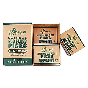 Natural Dental Floss Picks - Eco Friendly Cruelty Free & Vegan Tooth Flossers Pick Set with Biodegradable and Compostable BPA Free Handle & Zero Waste Packaging - 200 Pack (Mint Flavored)