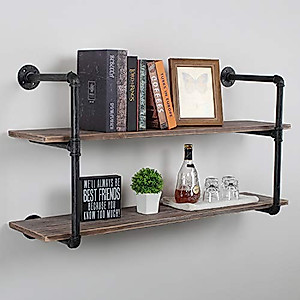 Womio Industrial Pipe Shelving Wall Mounted,Rustic Metal Floating Shelves,Steampunk Real Wood Book Shelves,Wall Shelf Unit Bookshelf Hanging Wall Shelves,Farmhouse Kitchen Bar Shelving(2 Tier,44in)