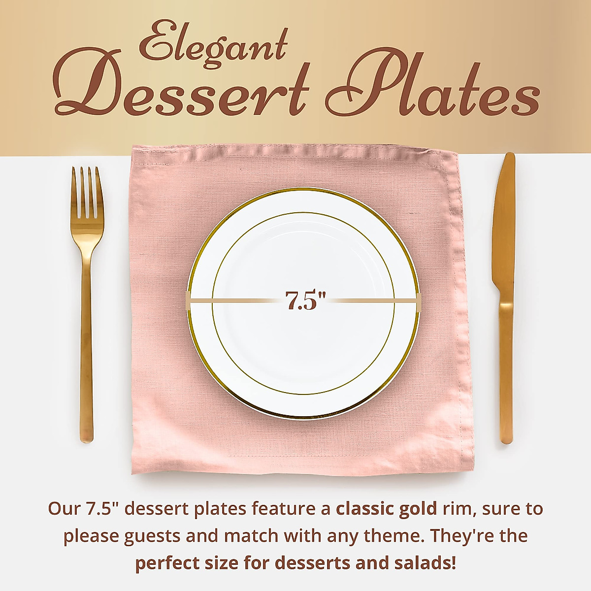 Reli. 50 Pcs Plastic Dessert Plates, Disposable (7.5 inch, White w/Gold Rim) | Small Plates for Party, Heavy Duty | Hard Plastic, for Dessert, Wedding, Birthday, Salad/Appetizer (7.5")