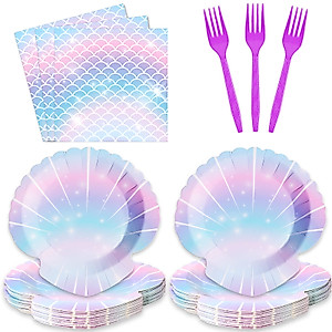 ZOIIWA 96 Pieces Mermaids Themed Party Decorations Mini Under the Sea Party Tableware for Girls Clam Shell Party Dessert Plates Napkins Forks for 24 Guests Birthday Party Favors