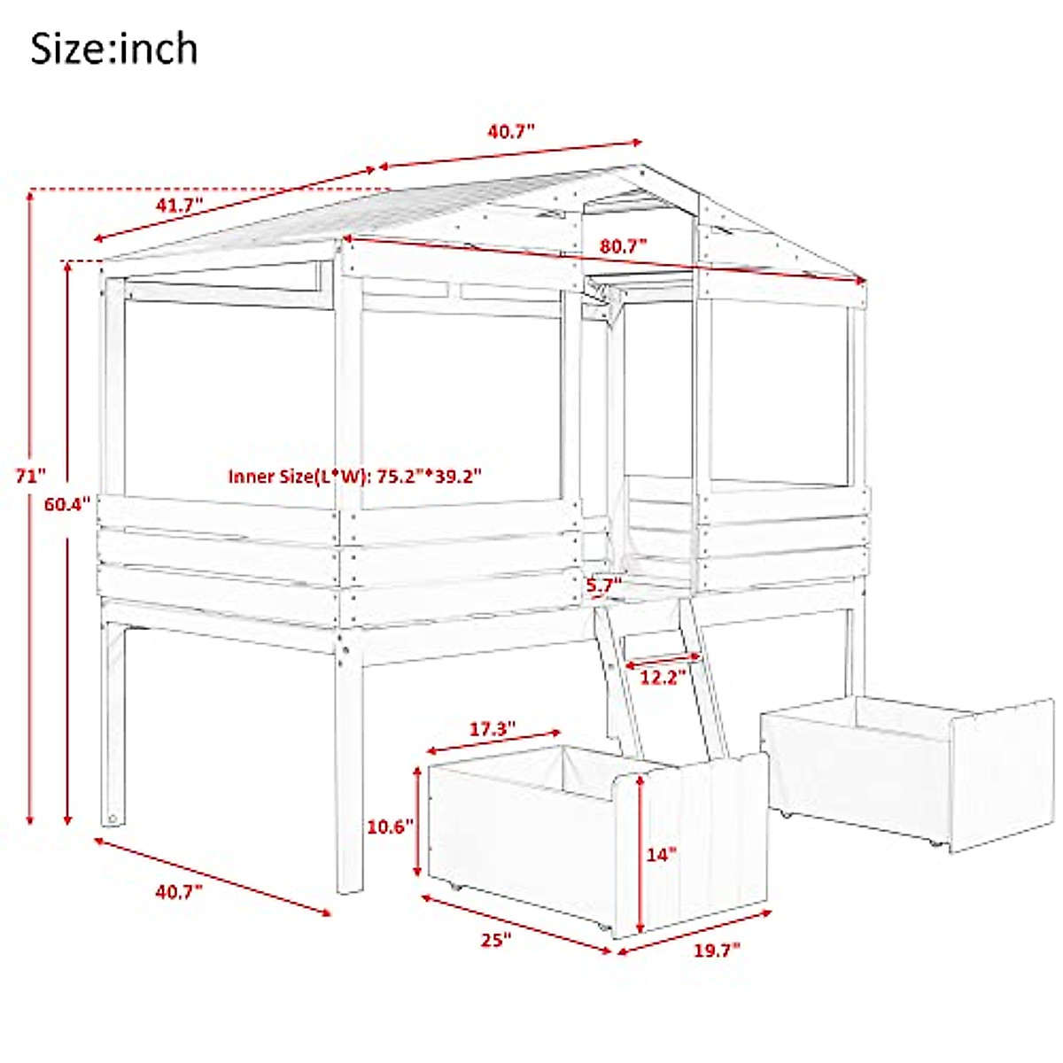 Merax Twin Kids Wood Low Loft House Bed with Drawers and Ladder Loft Bunk Bed for Juniors,Boys, Girls,No Box Spring Needed, Gray