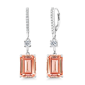 Gem Stone King 925 Sterling Silver Peach Nano Morganite and White Topaz Dangle Earrings For Women (13.56 Cttw, Emerald Cut 14X10MM)
