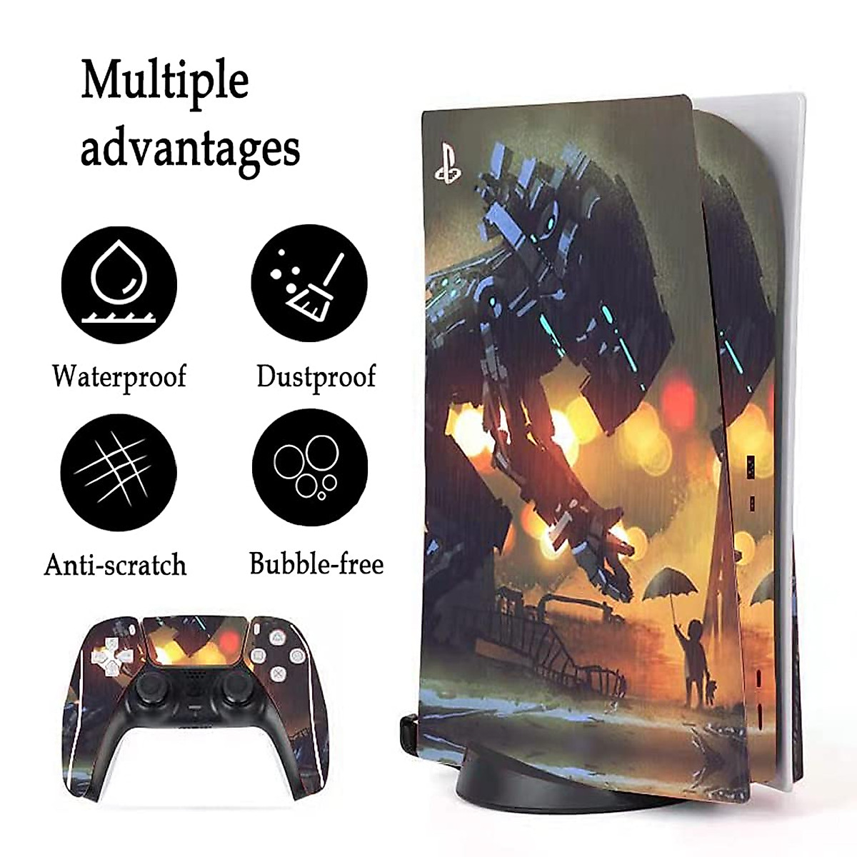 PS5 Skin for Console and Controller, Vinyl Sticker Decal Cover for Playstation 5, Whole Body Skin Protector Durable, Scratch Resistant, Compatible with Playstation 5 Disk Edition (Robots and Kid)