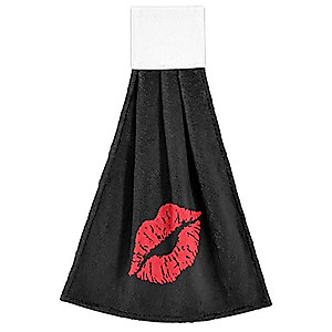 YYZZH Red Lip On Black Kitchen Hand Towels with Hook & Loop Set of 2 Absorbent Bath Hand Towel Hanging Tie Towel