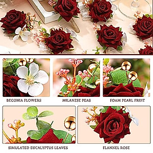 Sherr 24 Pieces Wine Red Wrist Corsage Wristlet Band for Bridal Bridesmaid Girls Women Red Rose Bracelets Wedding Artificial Wrist Corsages Burgundy Rose Hand Flower for Prom Wedding Engagement