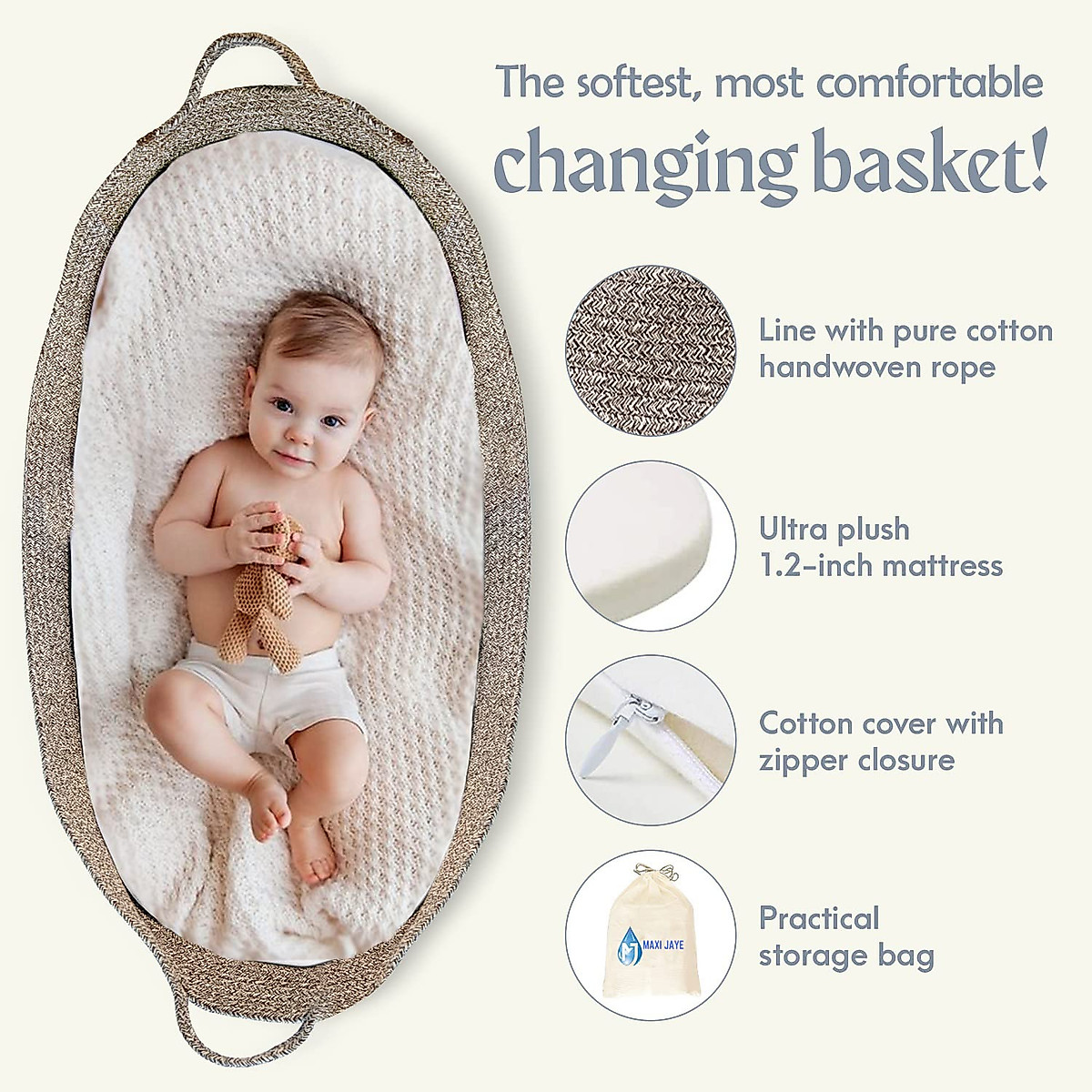 Shelf Basket - Changing Basket - Cotton Rope Changing Table Topper Storage Basket, Thick Foam Pad with Removable Cotton Cover - Storage Bag and Plush Blanket- Diapers Changing Basket