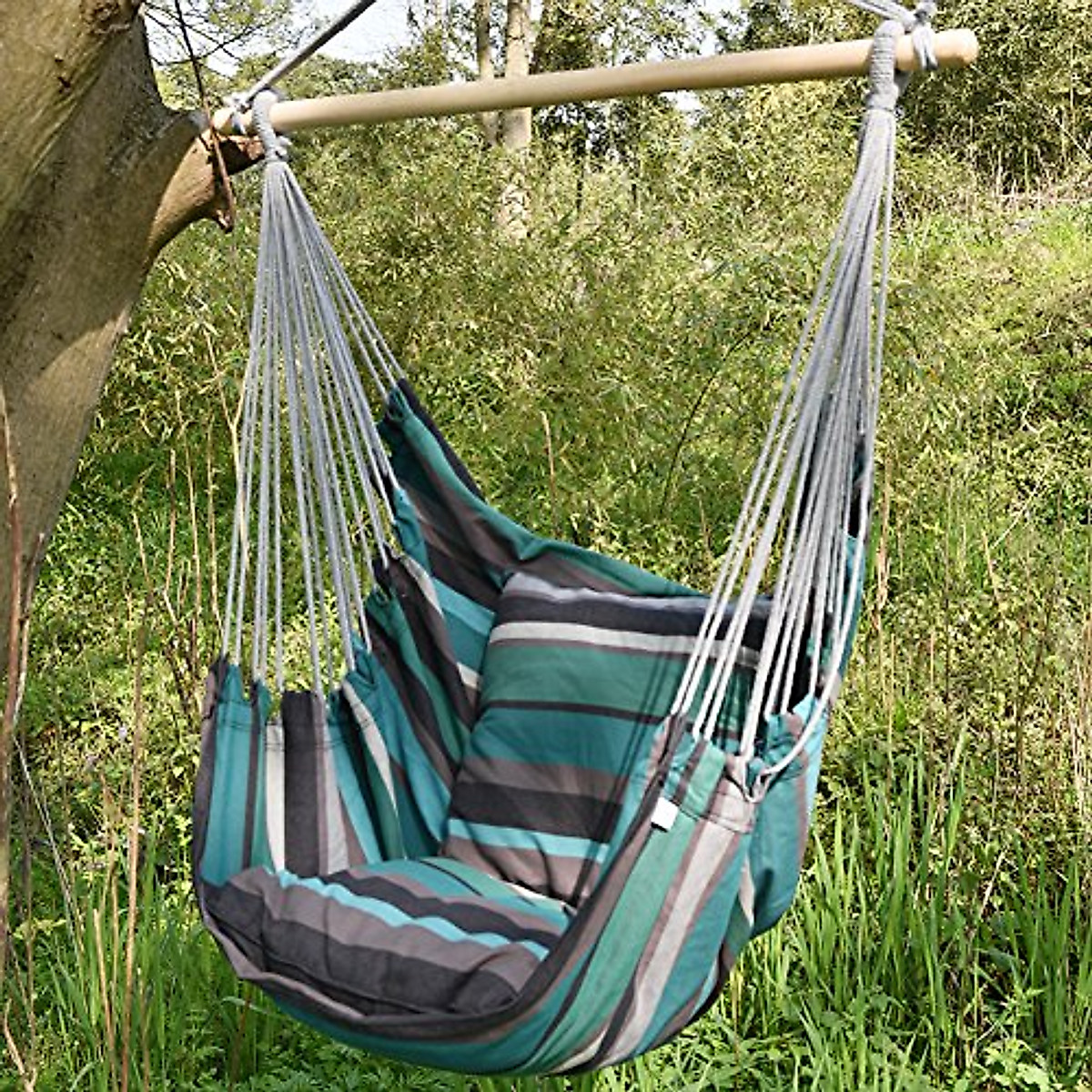 Prime Garden Comfort Cotton Hanging Hammock Chair, Rope Swing Chair with 2 Cushions for Indoor or Outdoor - Max. 275 Lbs (Green Stripe)