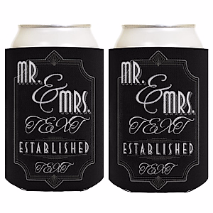 Engagement Party Favor For Women Mr & Mrs Custom Name and Established Date 2-Pack Personalized Can Coolie Drink Coolers Coolies Black